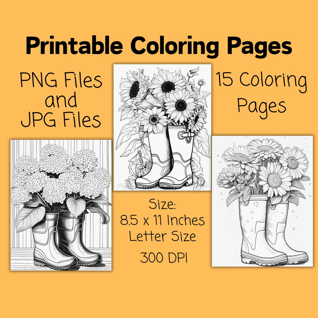 Rain Boot Spring Flower Coloring Pages, Printable Bundle Floral Wellies ...