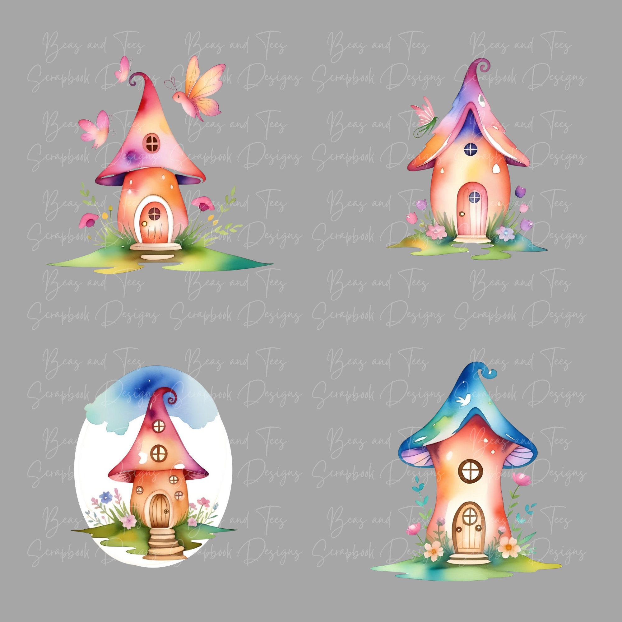 Spring Fairy House Clipart Bundle, Printable Watercolor Pixie Cottage ...