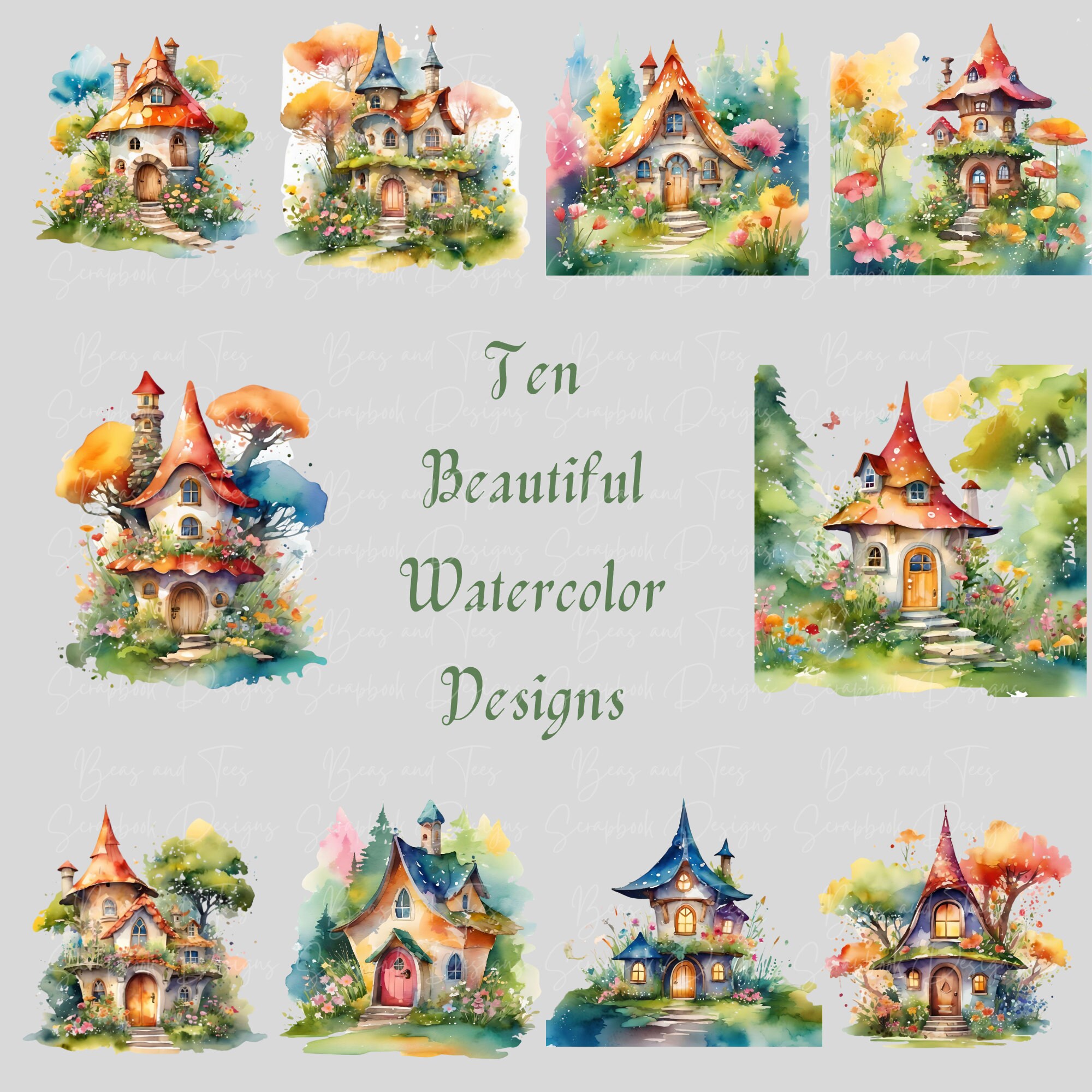 Spring Fairy House Clipart Bundle, Printable Watercolor Pixie Cottage ...