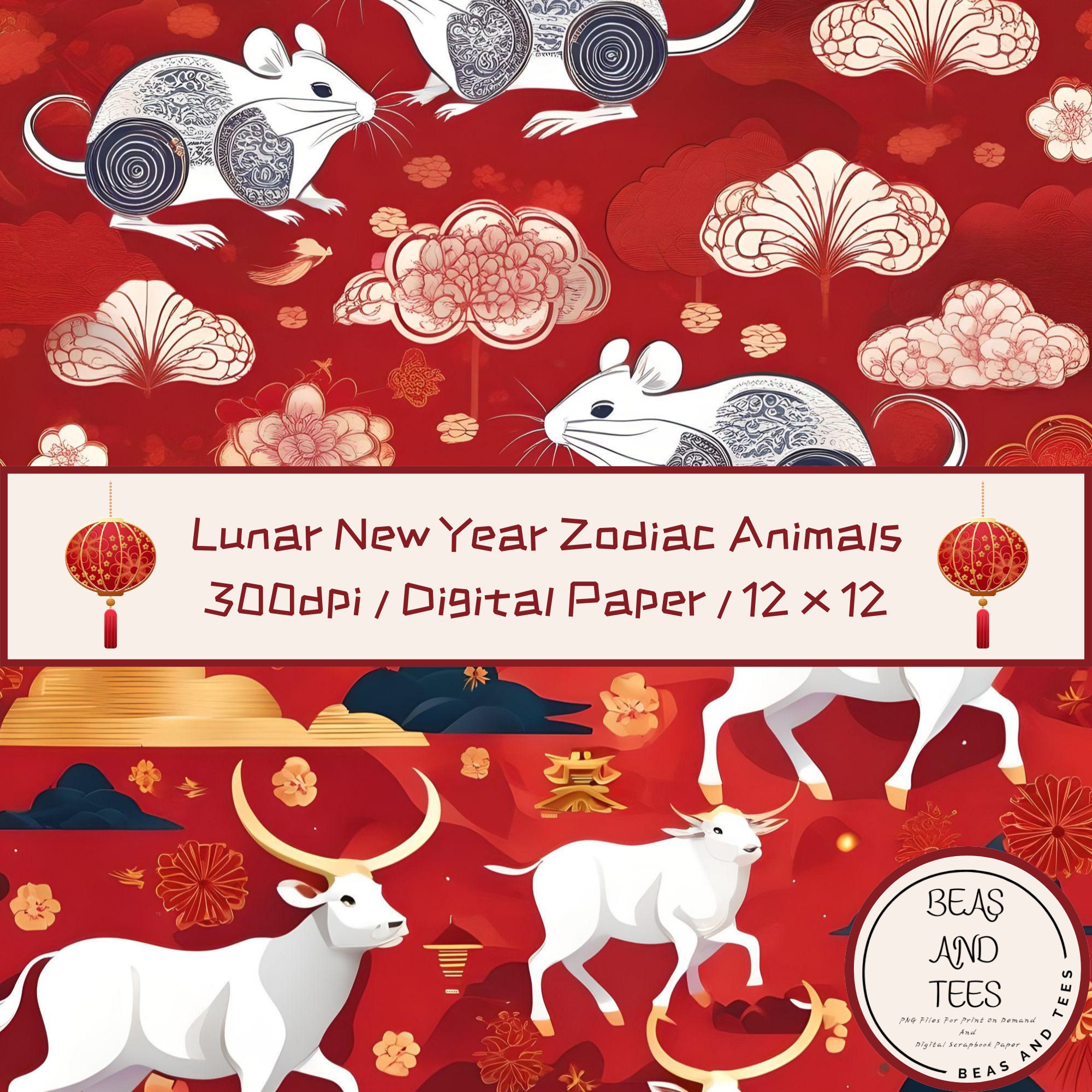 Lunar New Year Zodiac Animals Digital Paper Pack 12x12 300 DPI Chinese ...