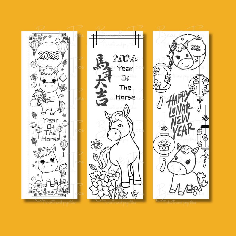 Lunar New Year 2026 Year of the Horse Coloring Bookmarks Chinese Zodiac ...