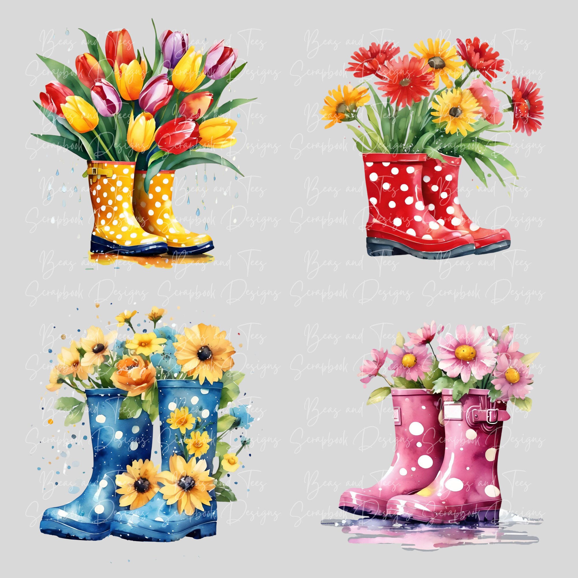 Polka Dot Rain Boot Clipart Printable Floral Wellies Garden Boots ...