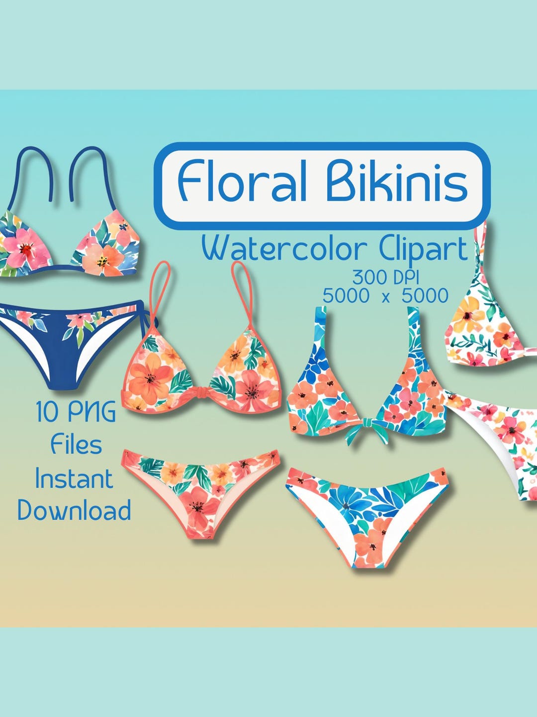 Floral Bikini Watercolor Clipart Printable Summer Swimsuit Design ...