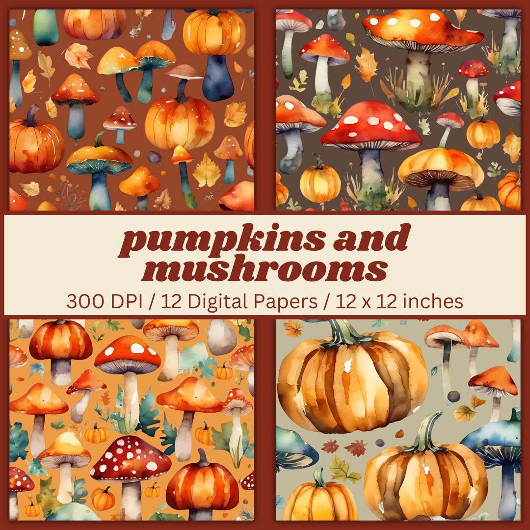 Mushroom Pumpkin Digital Paper Pack Fall Toadstool Gourd 12 X 12 ...