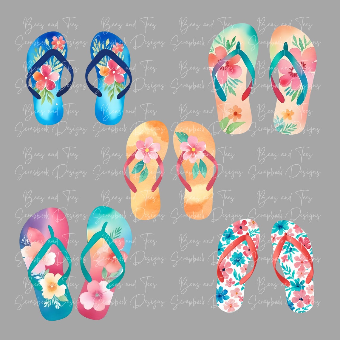 Floral Flip Flops Clipart Bundle, Printable Watercolor Flower Hawaiian ...