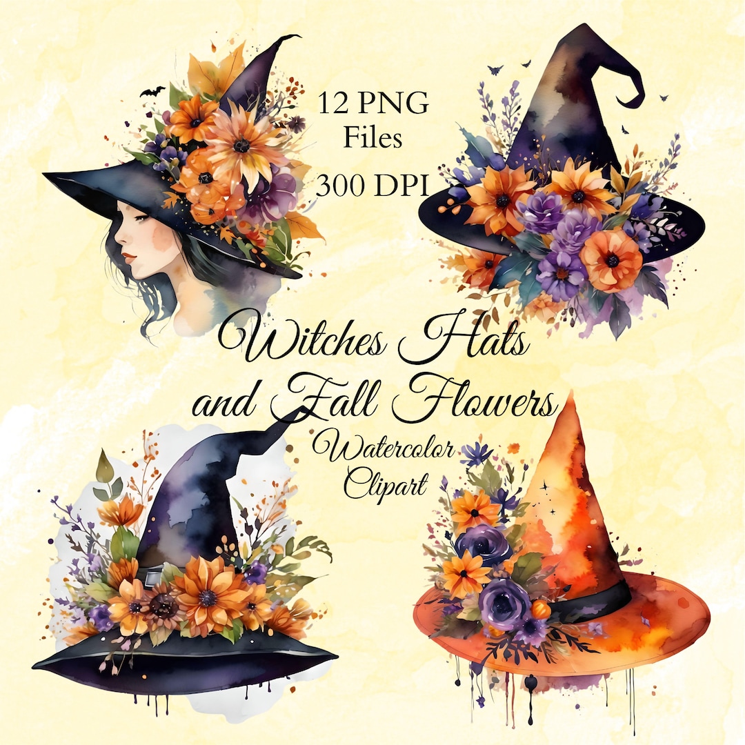 Witch Hat Fall Flower Clipart Bundle, Printable Watercolor Halloween ...