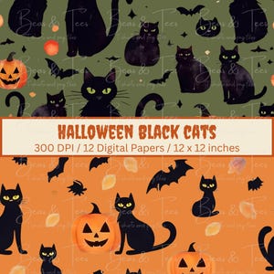 Halloween Black Cat Digital Paper Pack 12 Printable 12x12 Inch Paper ...
