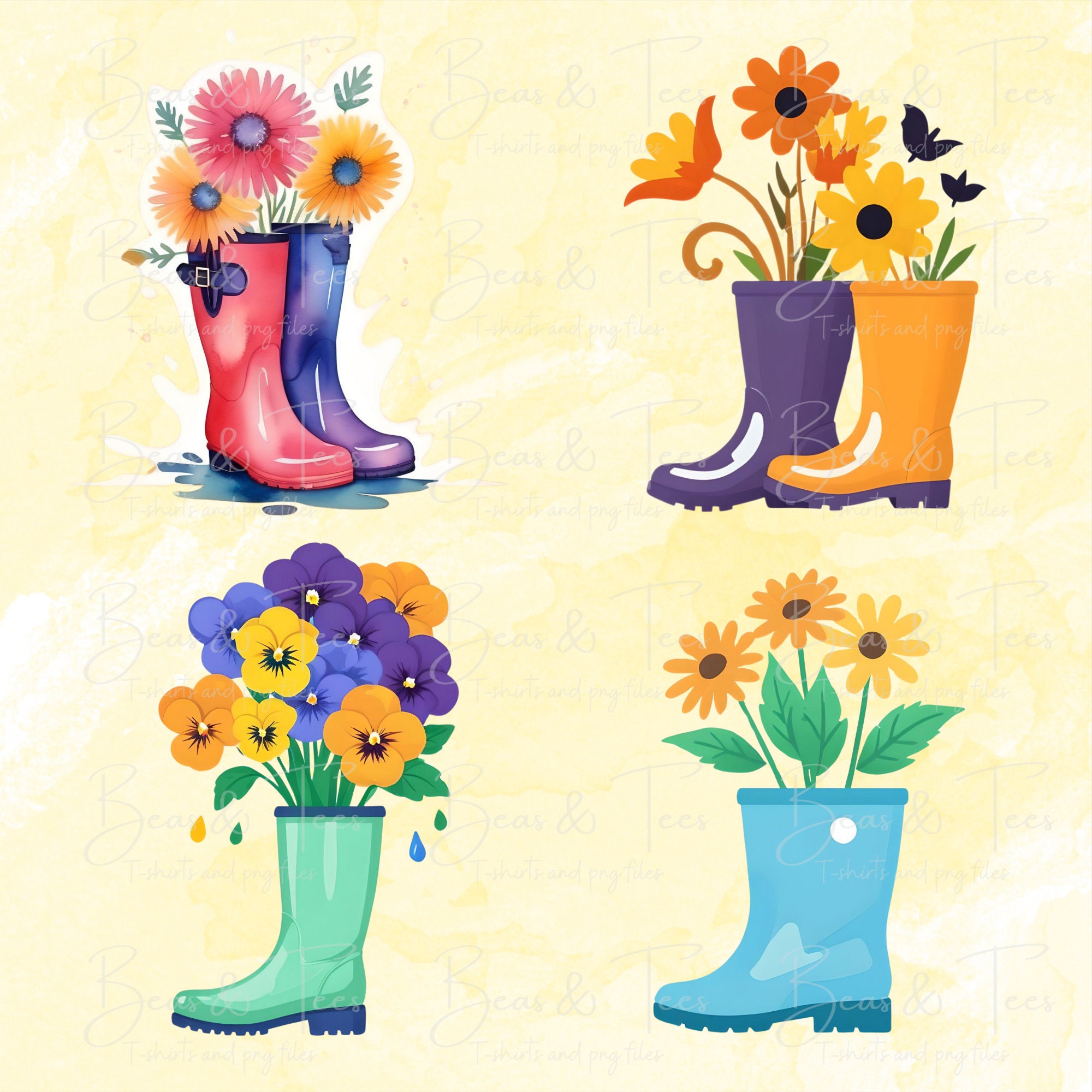 Rain Boot & Flower Watercolor Clipart 14 PNG Files 300 DPI Transparent ...