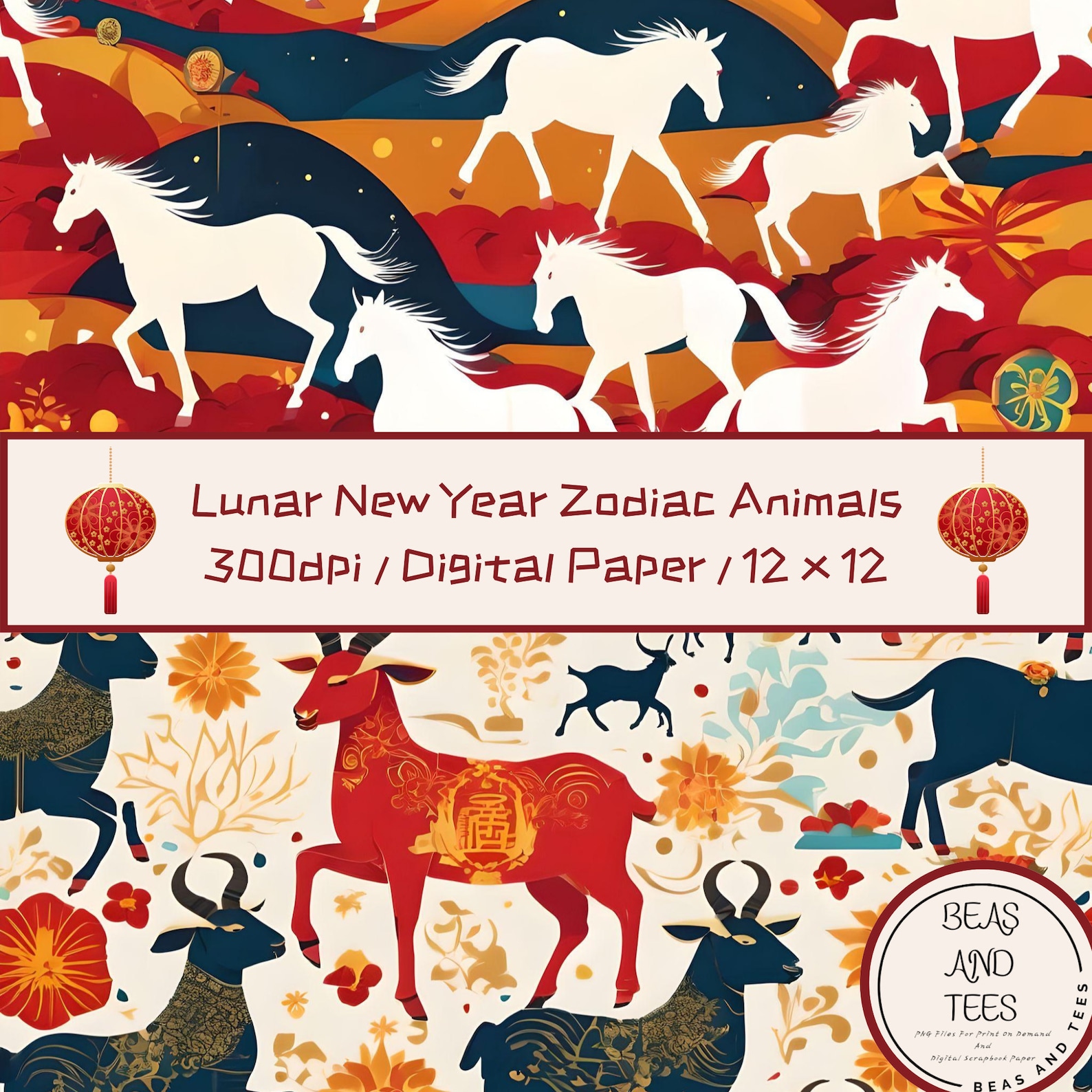 Lunar New Year Zodiac Animals Digital Paper Pack 12x12 300 DPI Chinese ...