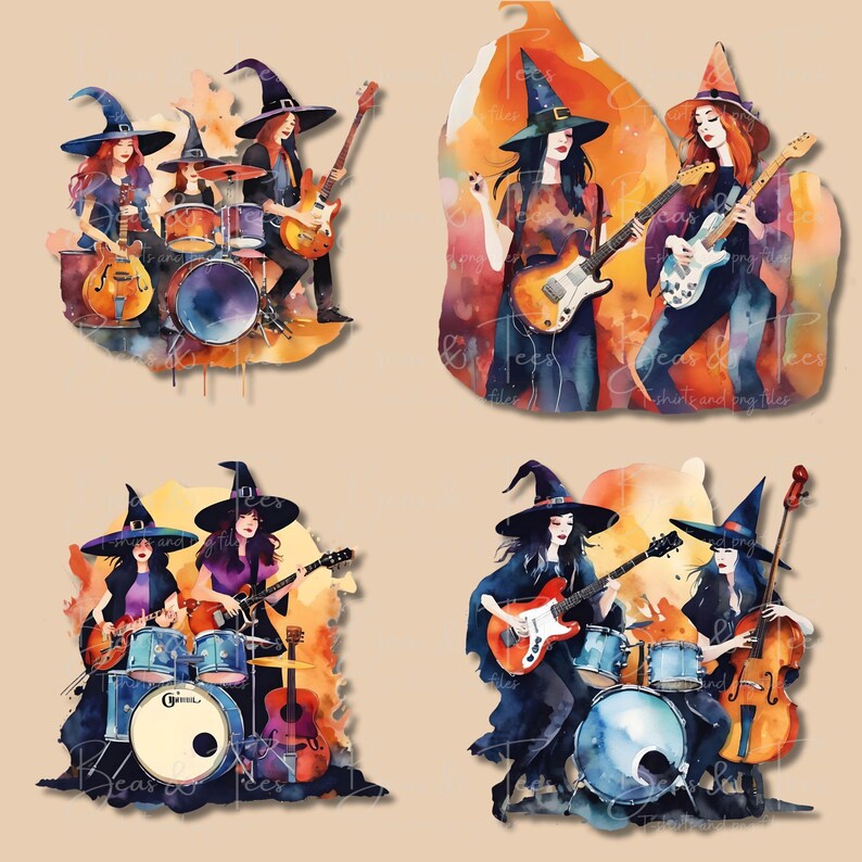 Witch Rock Band Clipart Halloween Witch PNG 12 Watercolor Digital Files ...