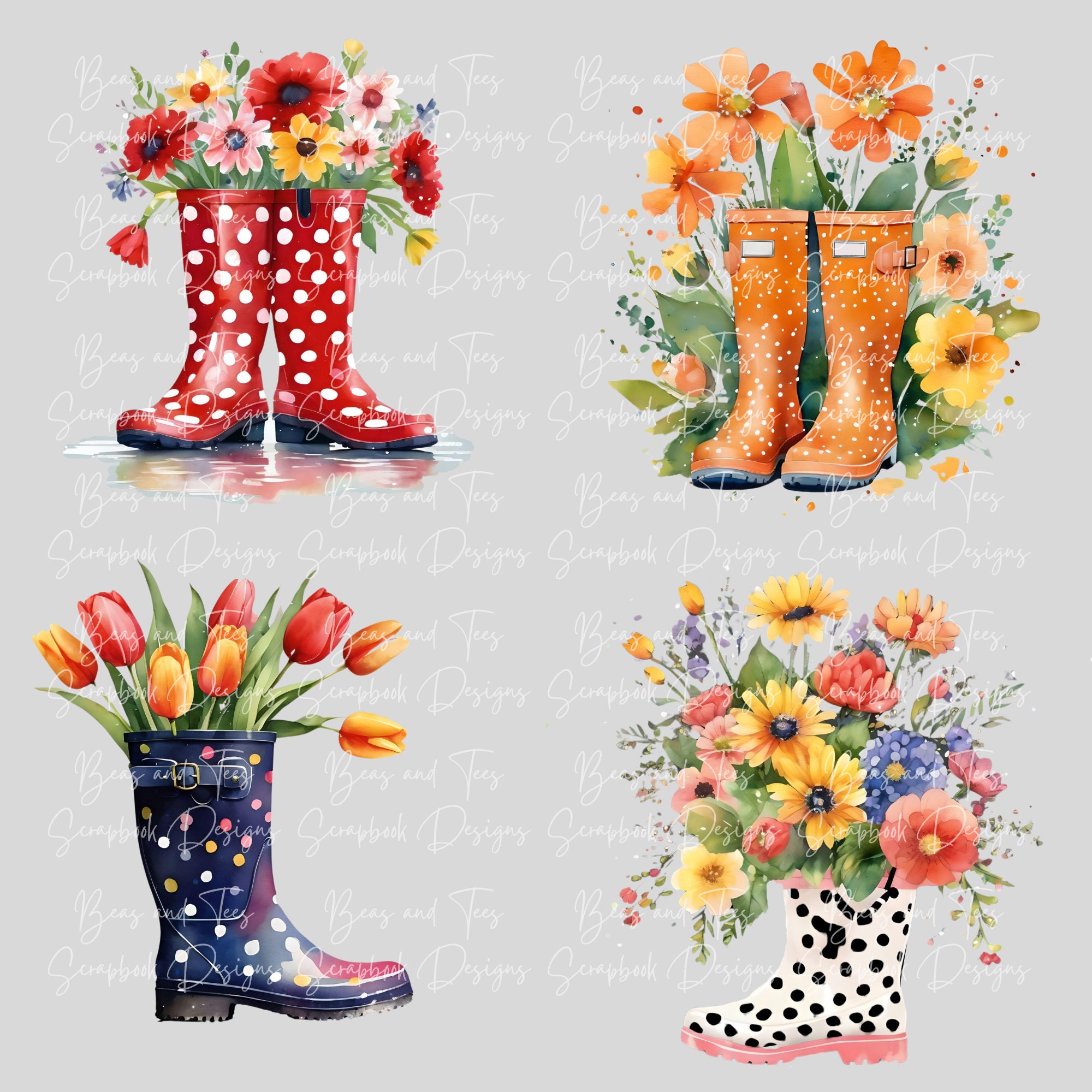 Polka Dot Rain Boot Clipart Printable Floral Wellies Garden Boots ...