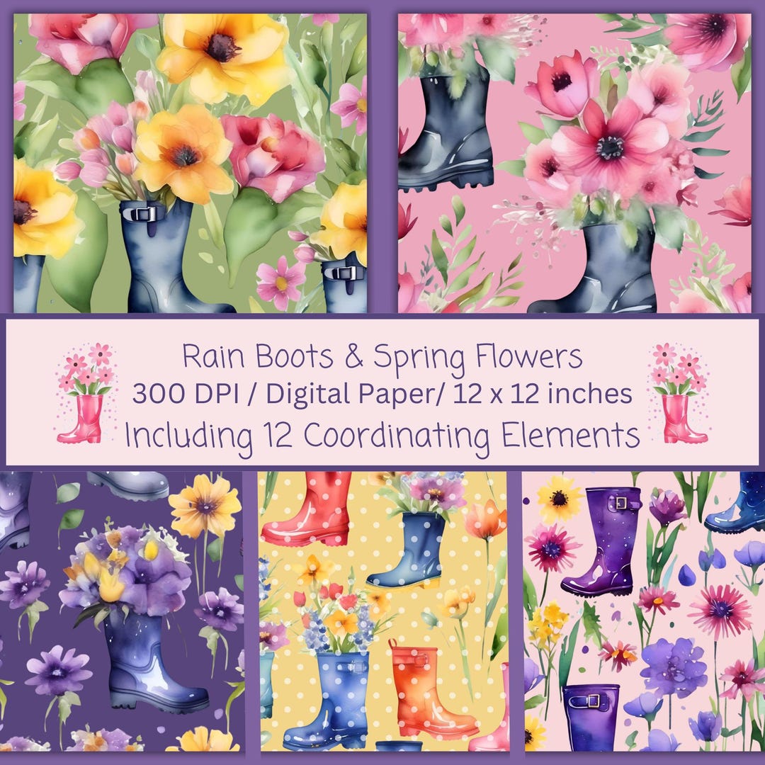 Spring Flowers & Rain Boots Digital Paper and Clipart 12x12 300 DPI ...