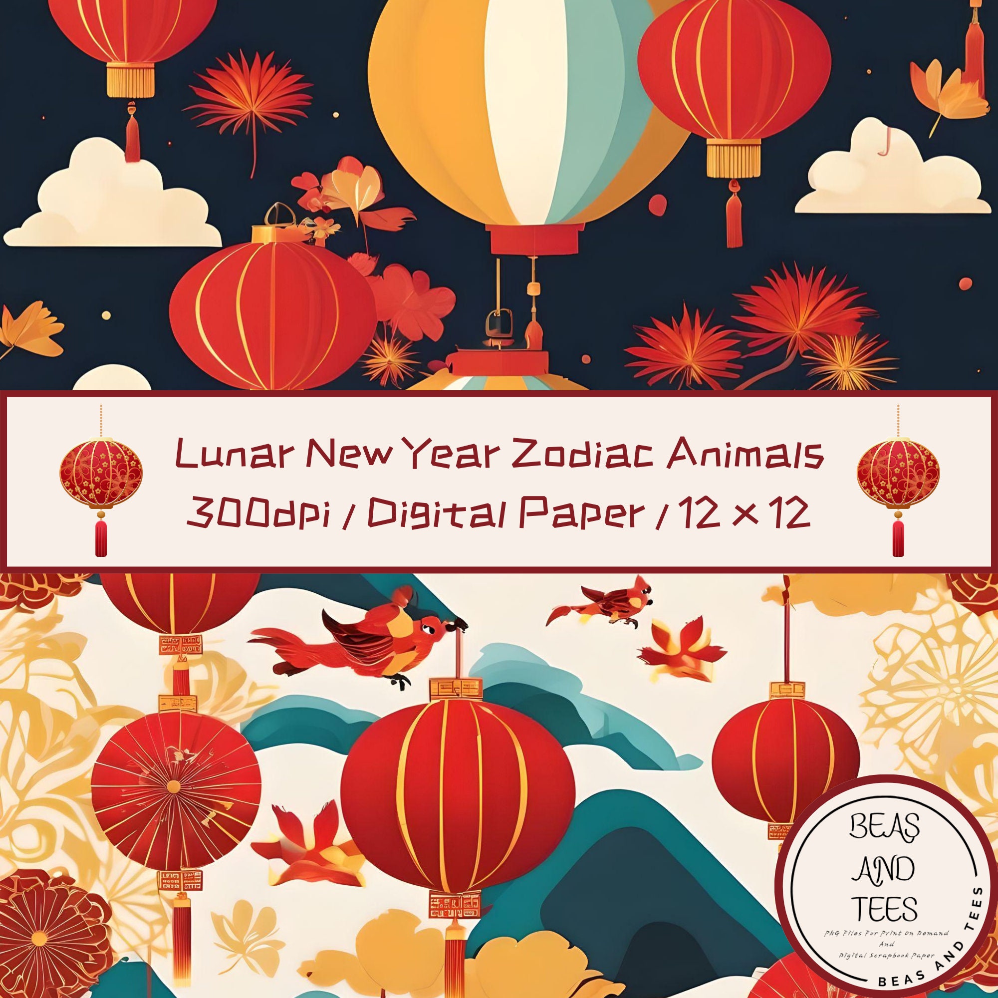 Lunar New Year Zodiac Animals Digital Paper Pack 12x12 300 DPI Chinese ...