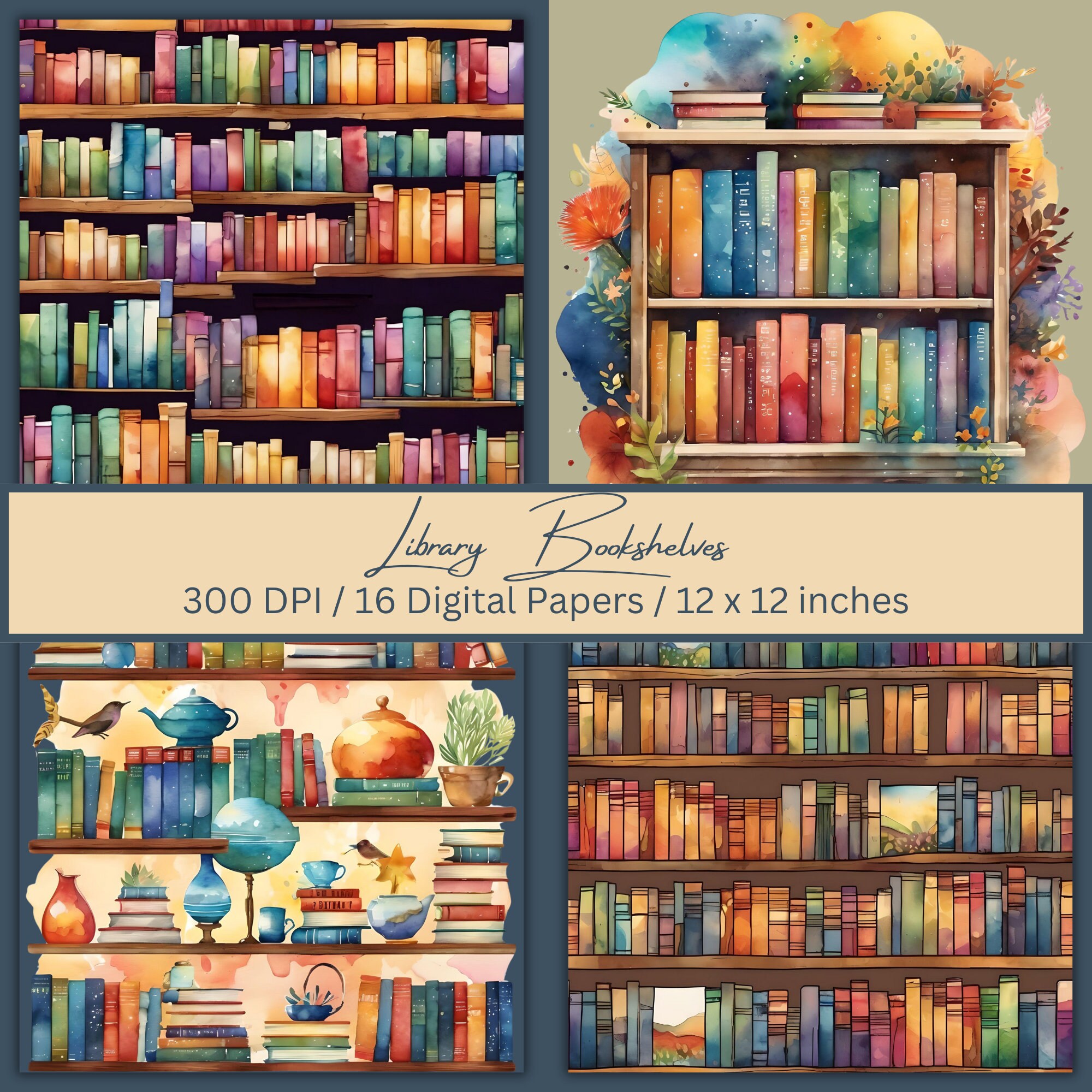 Library Bookshelves Digital Paper Pack, 16 Watercolor Book Patterns ...