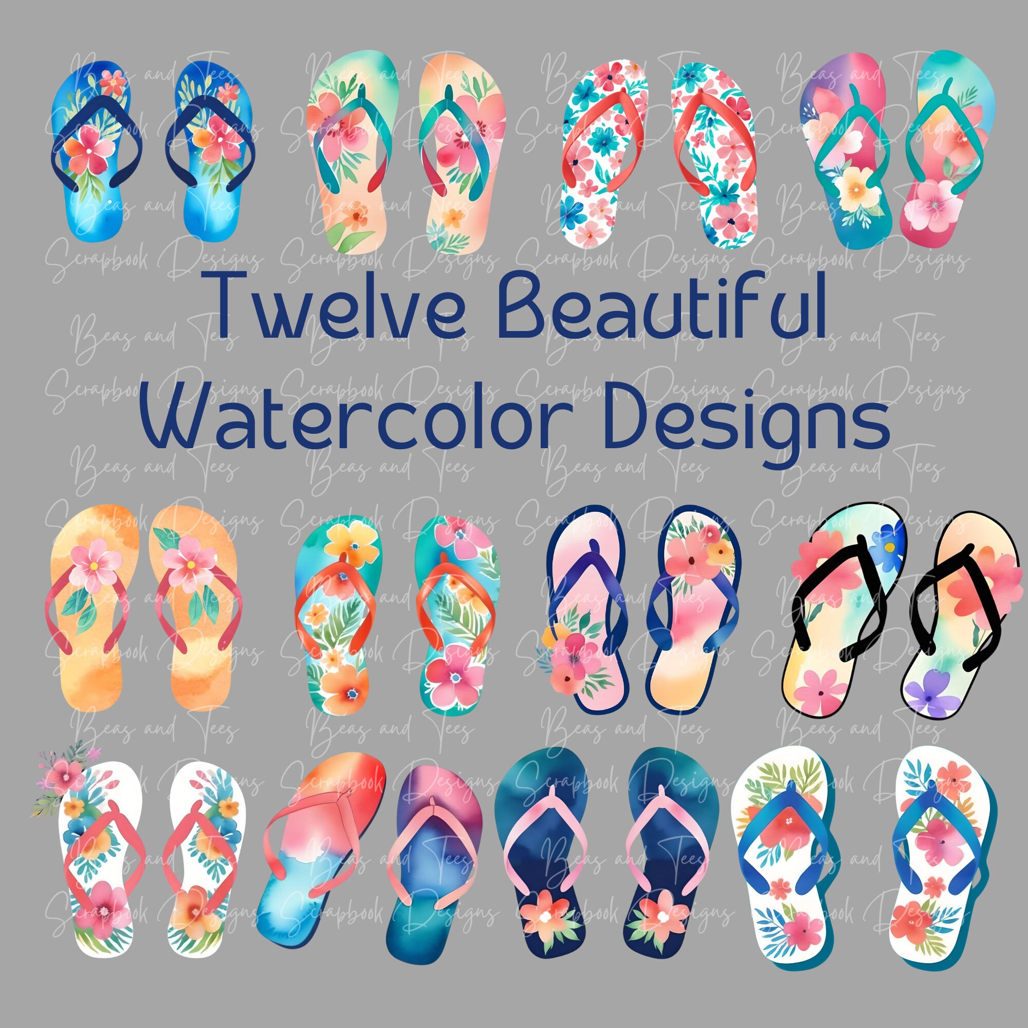Floral Flip Flops Clipart Bundle, Printable Watercolor Flower Hawaiian ...