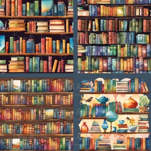 Library Bookshelves Digital Paper Pack, 16 Watercolor Book Patterns ...