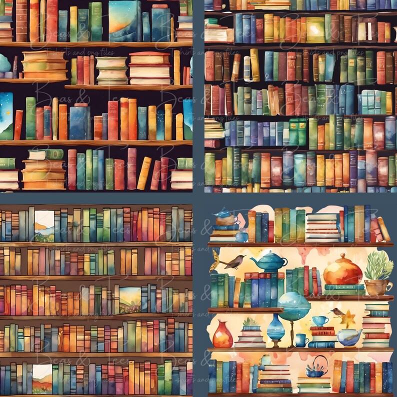 Library Bookshelves Digital Paper Pack, 16 Watercolor Book Patterns ...