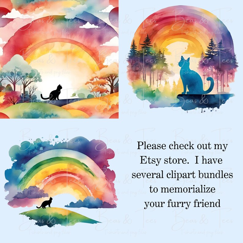Rainbow Bridge Cat Silhouette Clipart Watercolor Pet Loss Memorial in ...