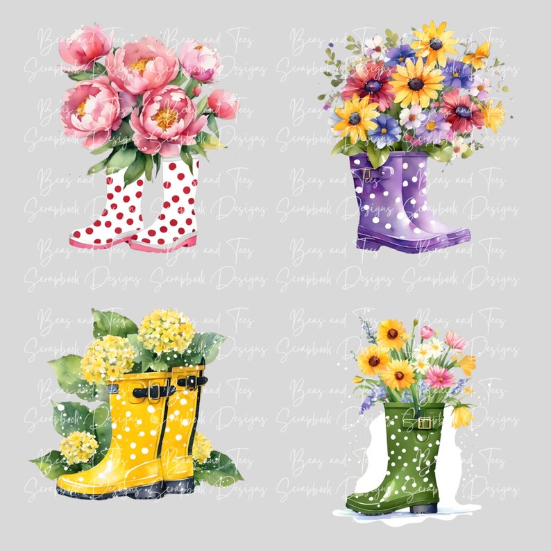 Polka Dot Rain Boot Clipart Printable Floral Wellies Garden Boots ...