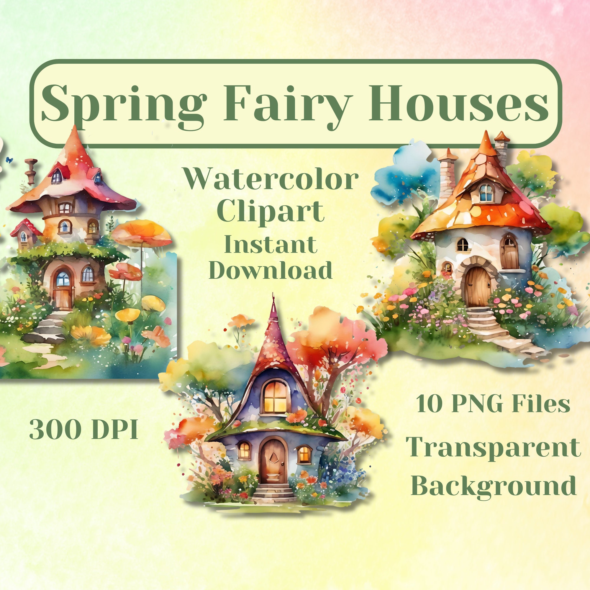 Spring Fairy House Clipart Bundle, Printable Watercolor Pixie Cottage ...