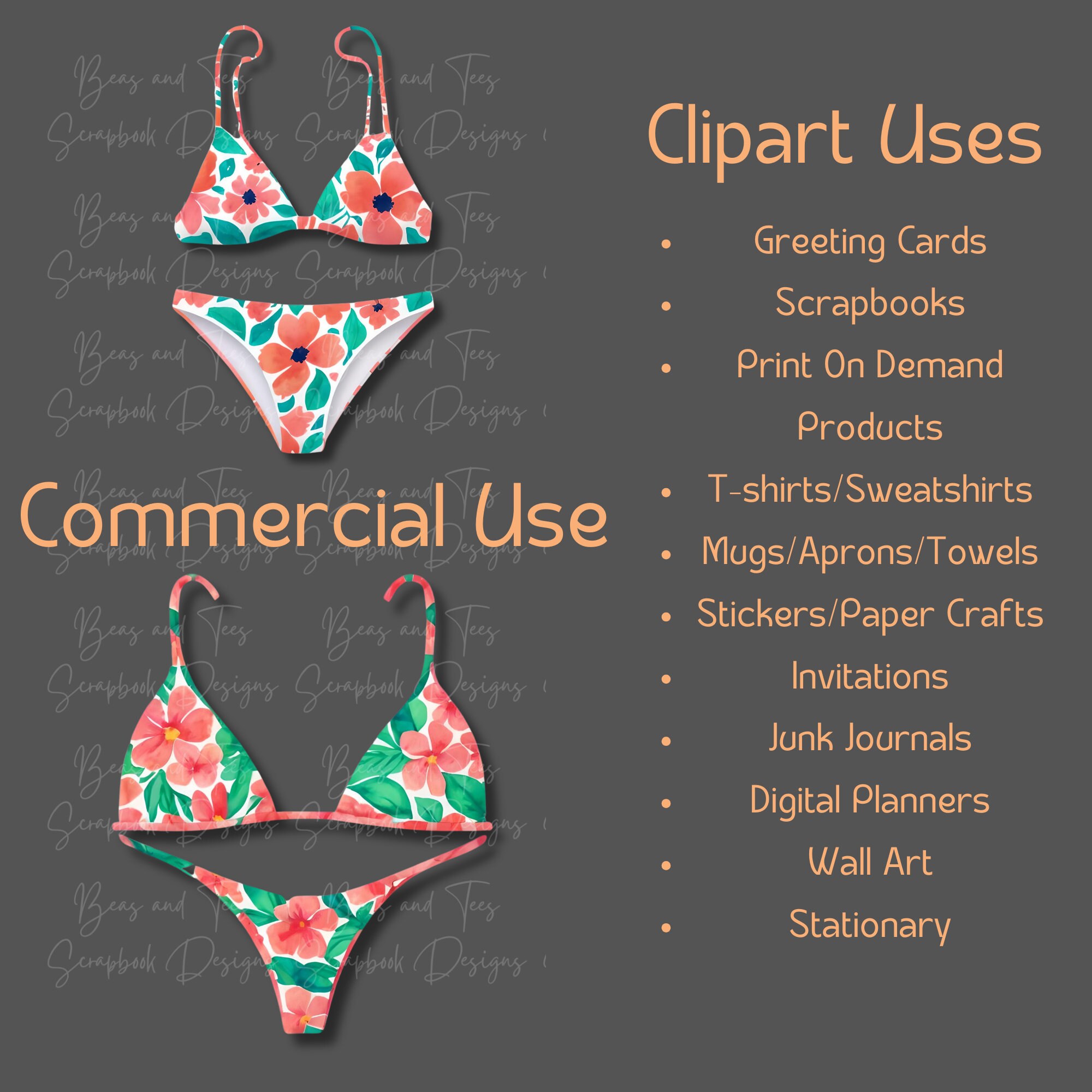 Floral Bikini Clipart Bundle, Printable Watercolor Flower Hawaiian Luau ...