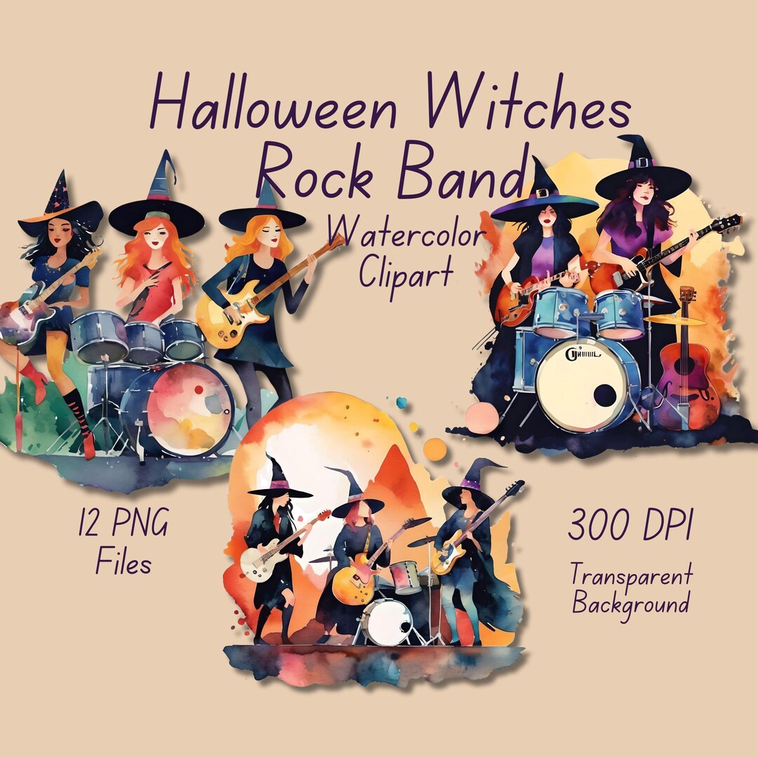 Witch Rock Band Clipart Halloween Witch PNG 12 Watercolor Digital Files ...