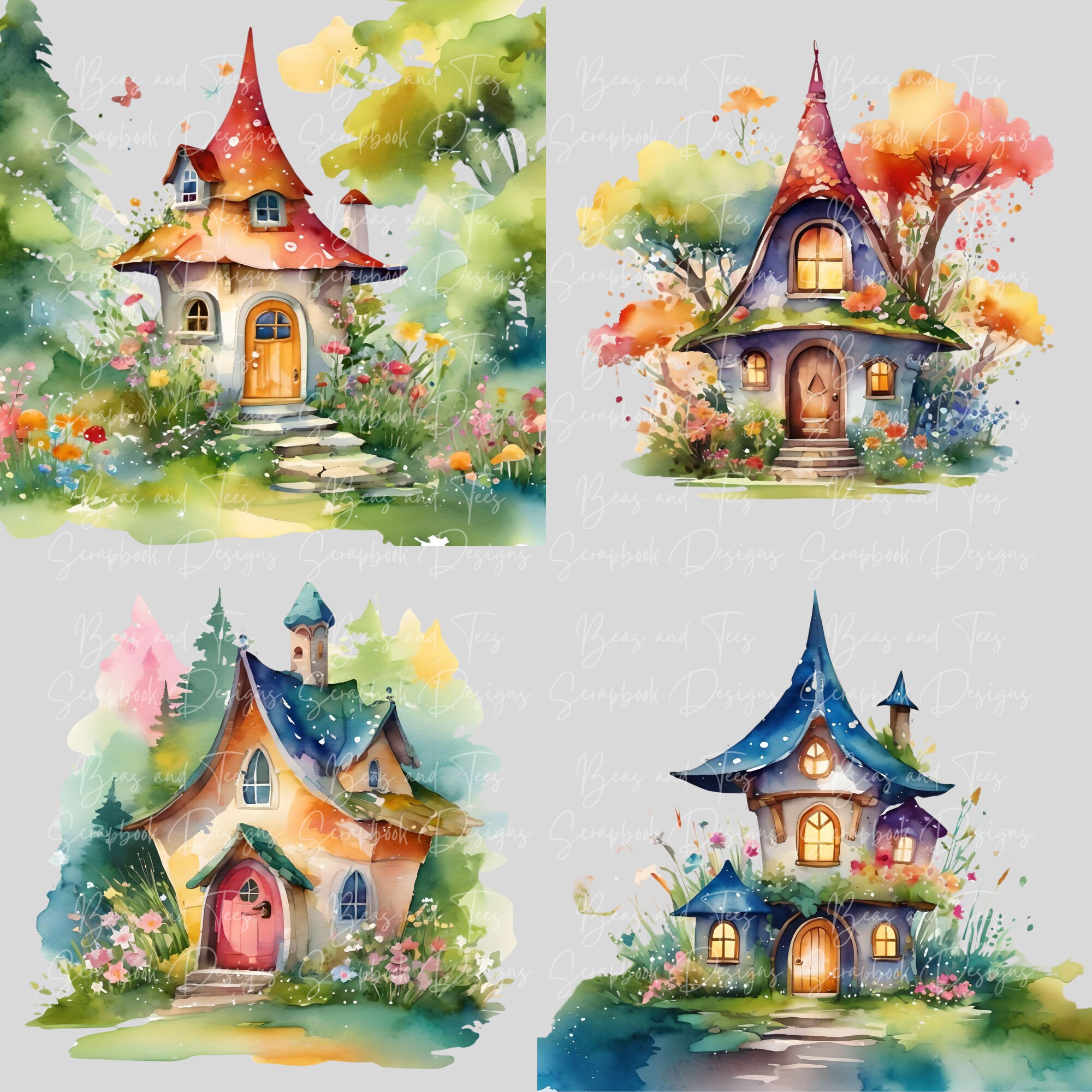 Spring Fairy House Clipart Bundle, Printable Watercolor Pixie Cottage ...