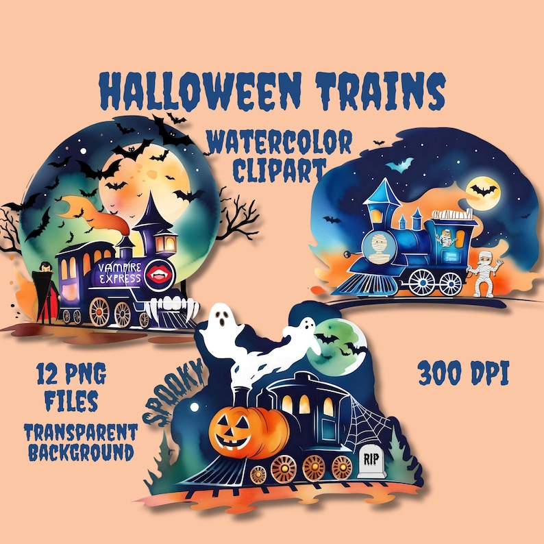 Halloween Train Clipart Printable Watercolor Spooky Choo Choo Train ...