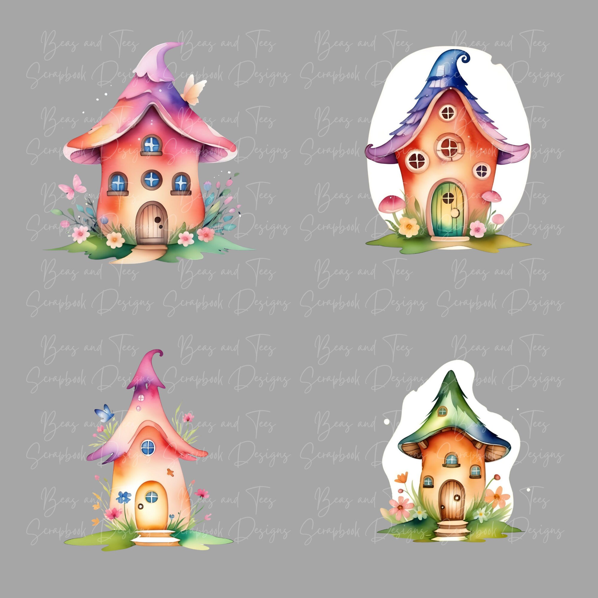Spring Fairy House Clipart Bundle, Printable Watercolor Pixie Cottage ...
