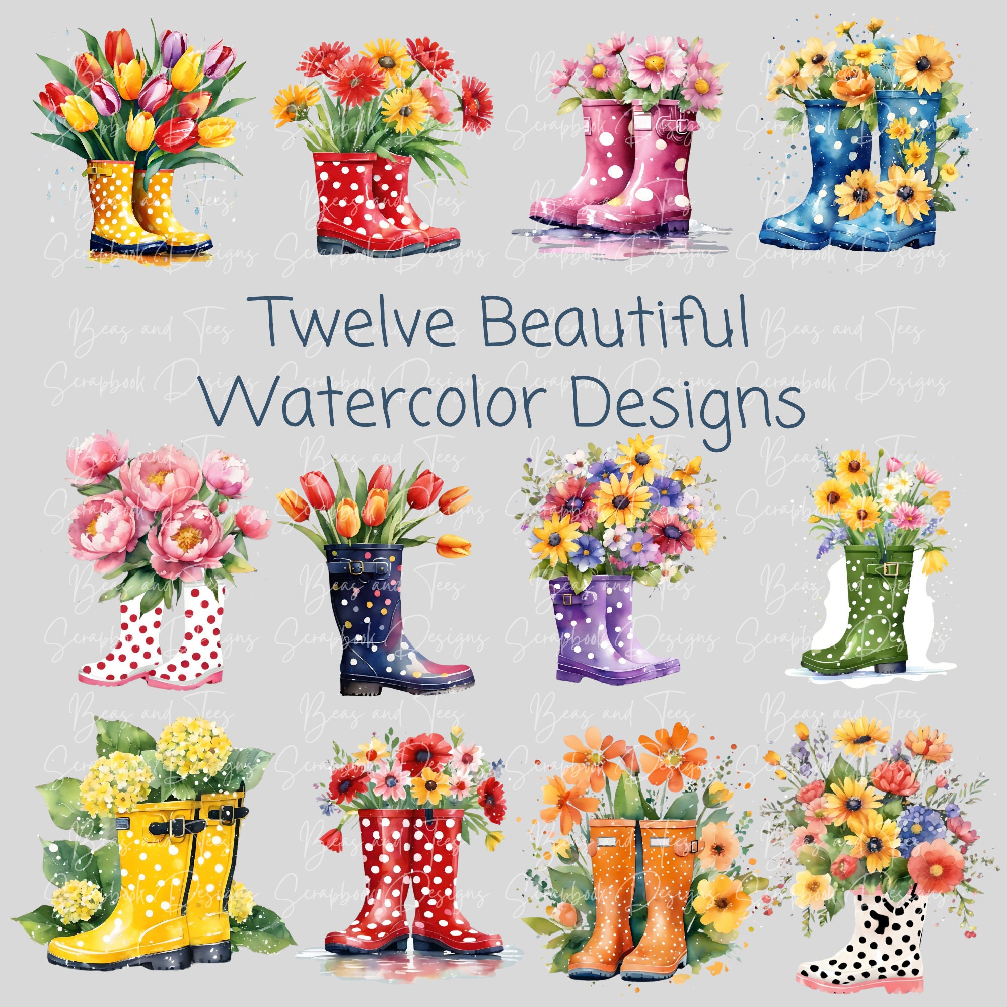 Polka Dot Rain Boot Clipart Printable Floral Wellies Garden Boots ...