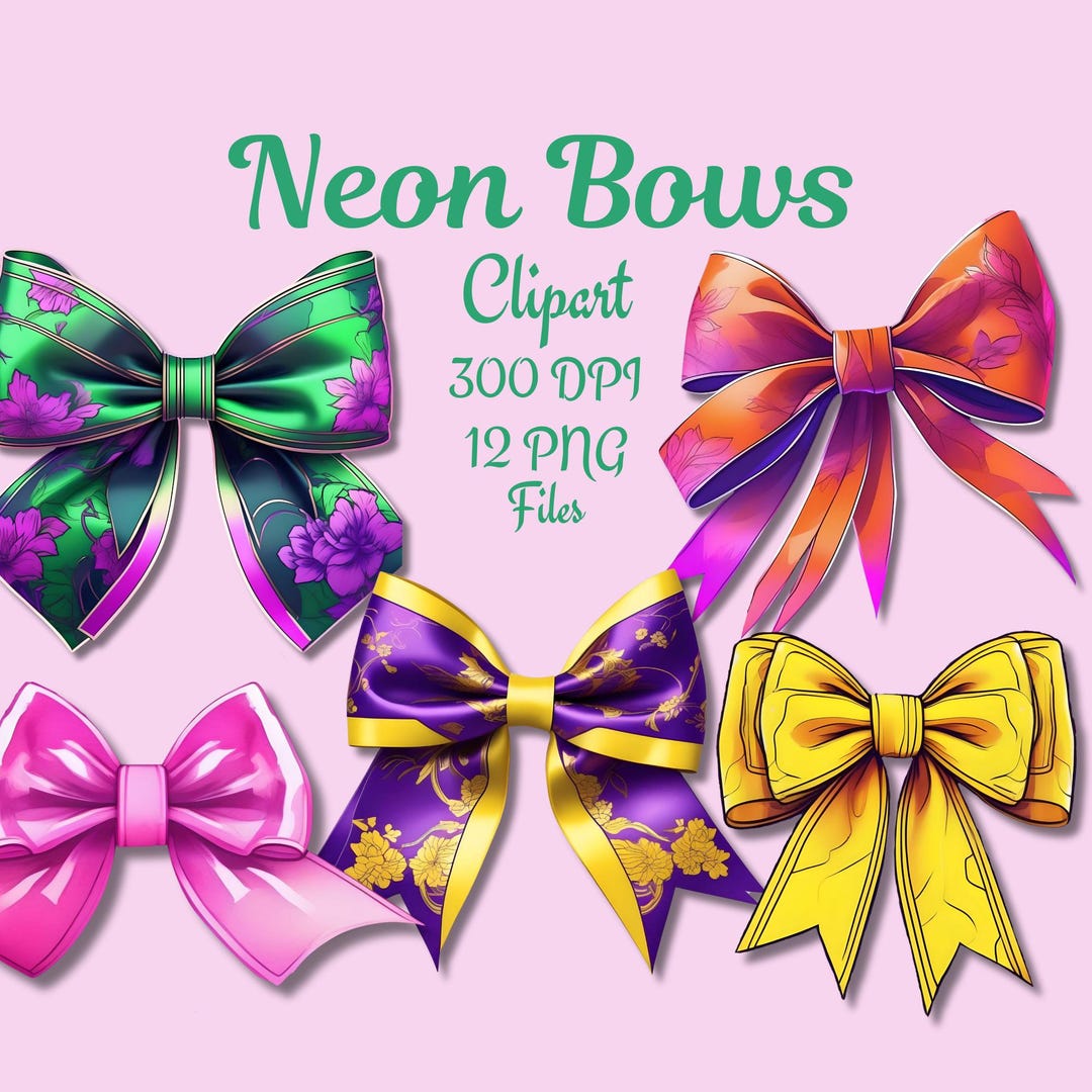 Neon Bow Clipart Bundle Purple Yellow Green Orange Pink Bows Watercolor ...