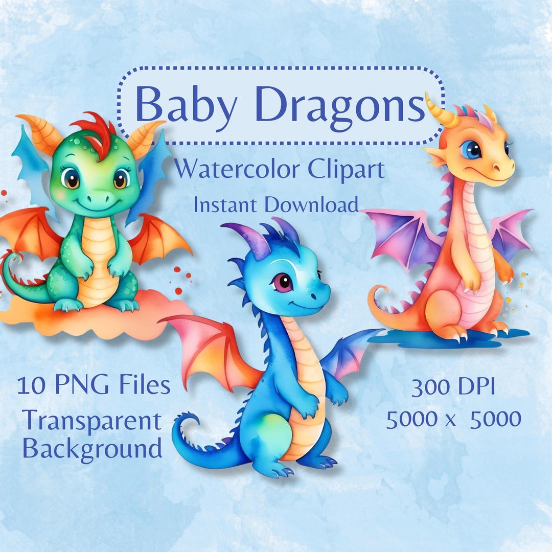 Baby Dragon Watercolor Clipart 10 PNG Transparent Files Cute Fantasy ...