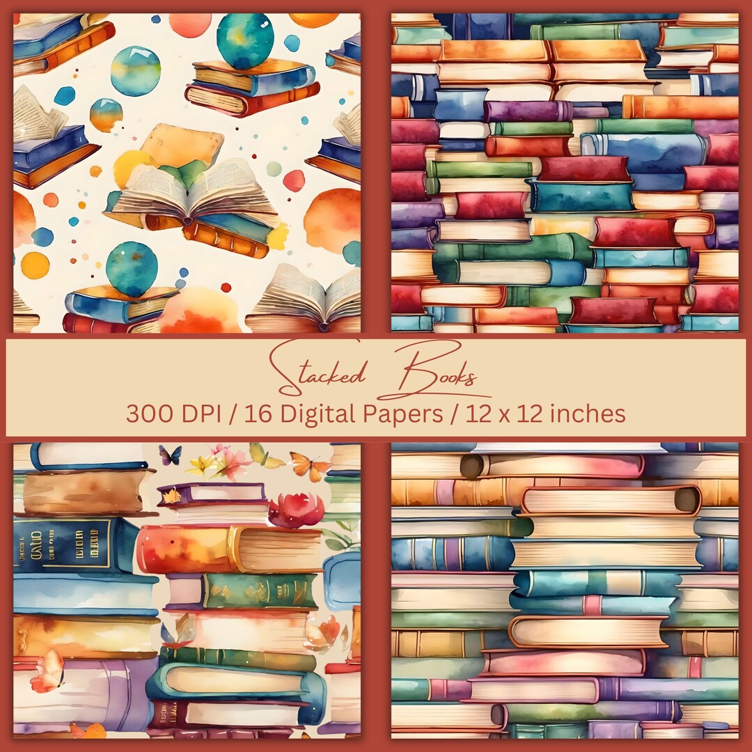 Stacked Books Digital Paper Pack Watercolor Book Patterns 16 High ...