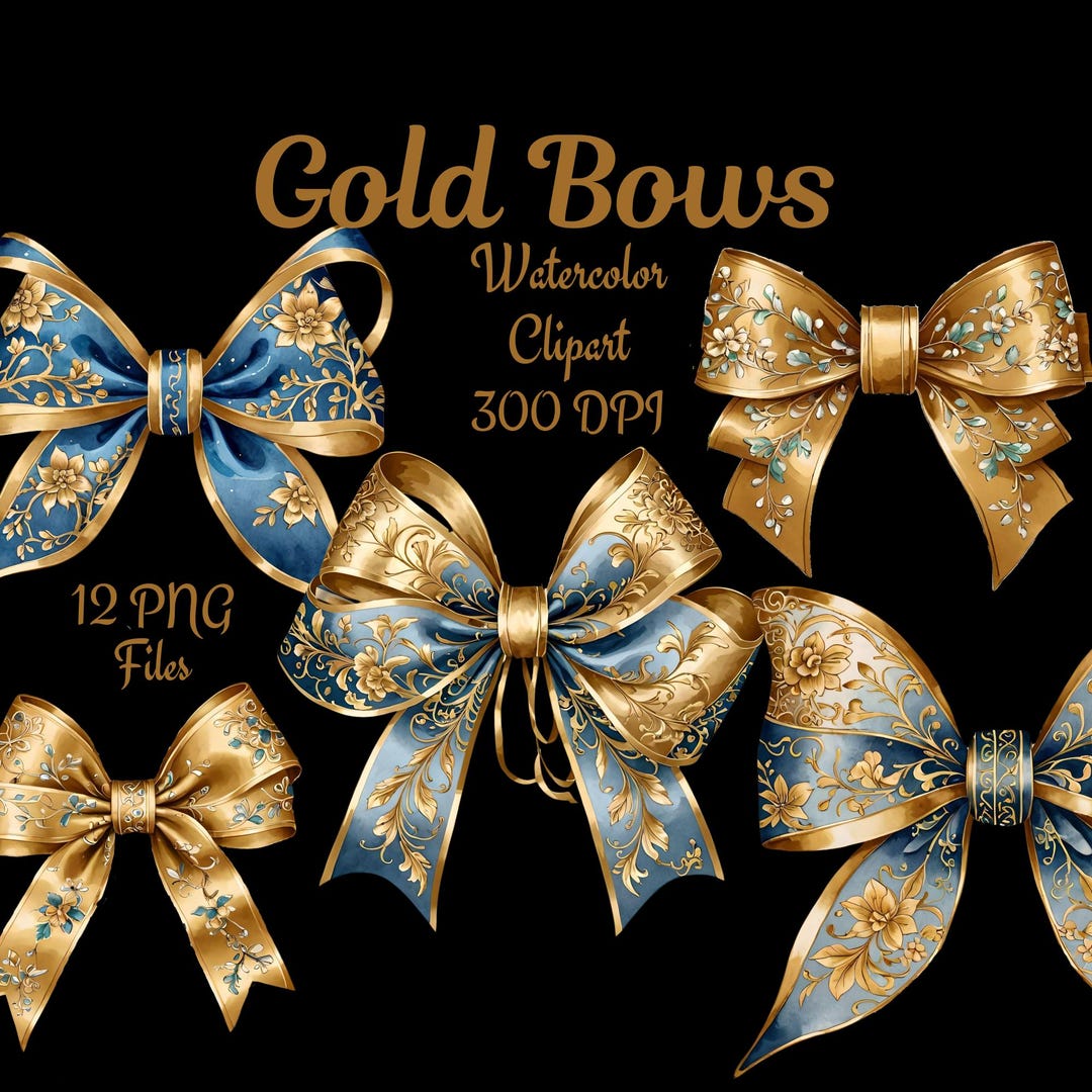Gold Bow Watercolor Clipart Metallic Gold Bow Floral Ribbon Chinoiserie ...