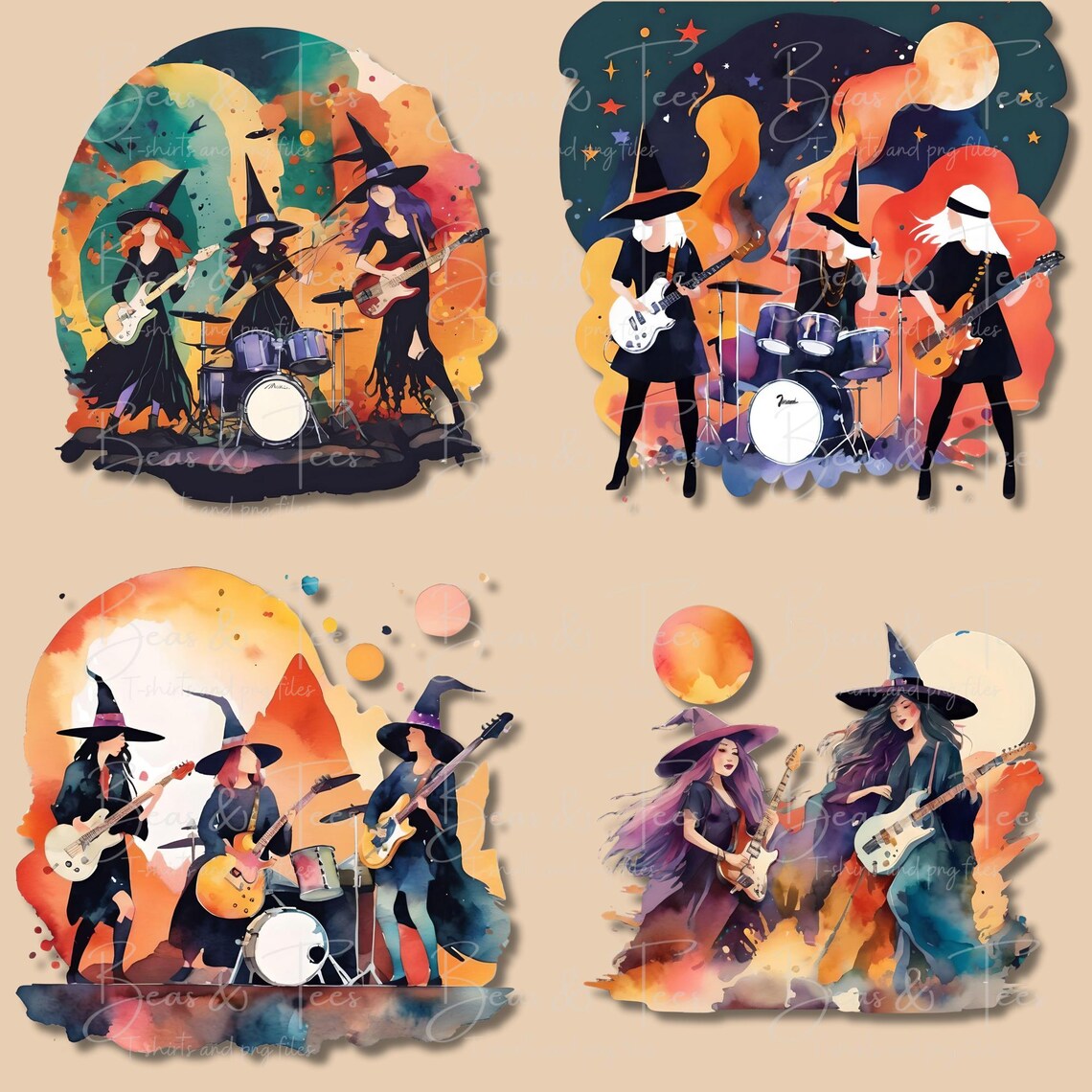 Witch Rock Band Clipart Halloween Witch PNG 12 Watercolor Digital Files ...