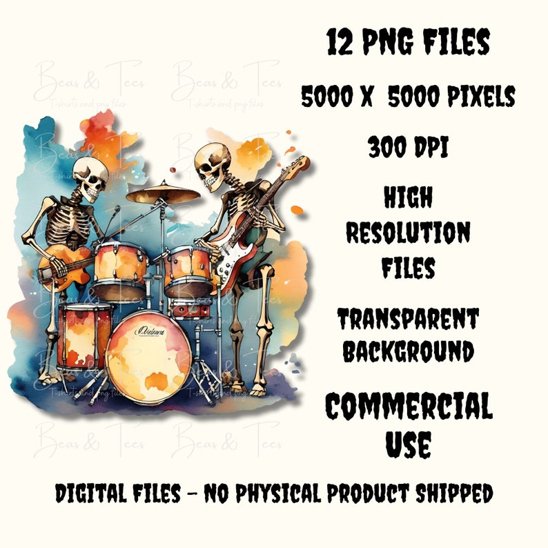 Skeleton Band Clipart Printable Watercolor Music Themed Halloween PNG ...