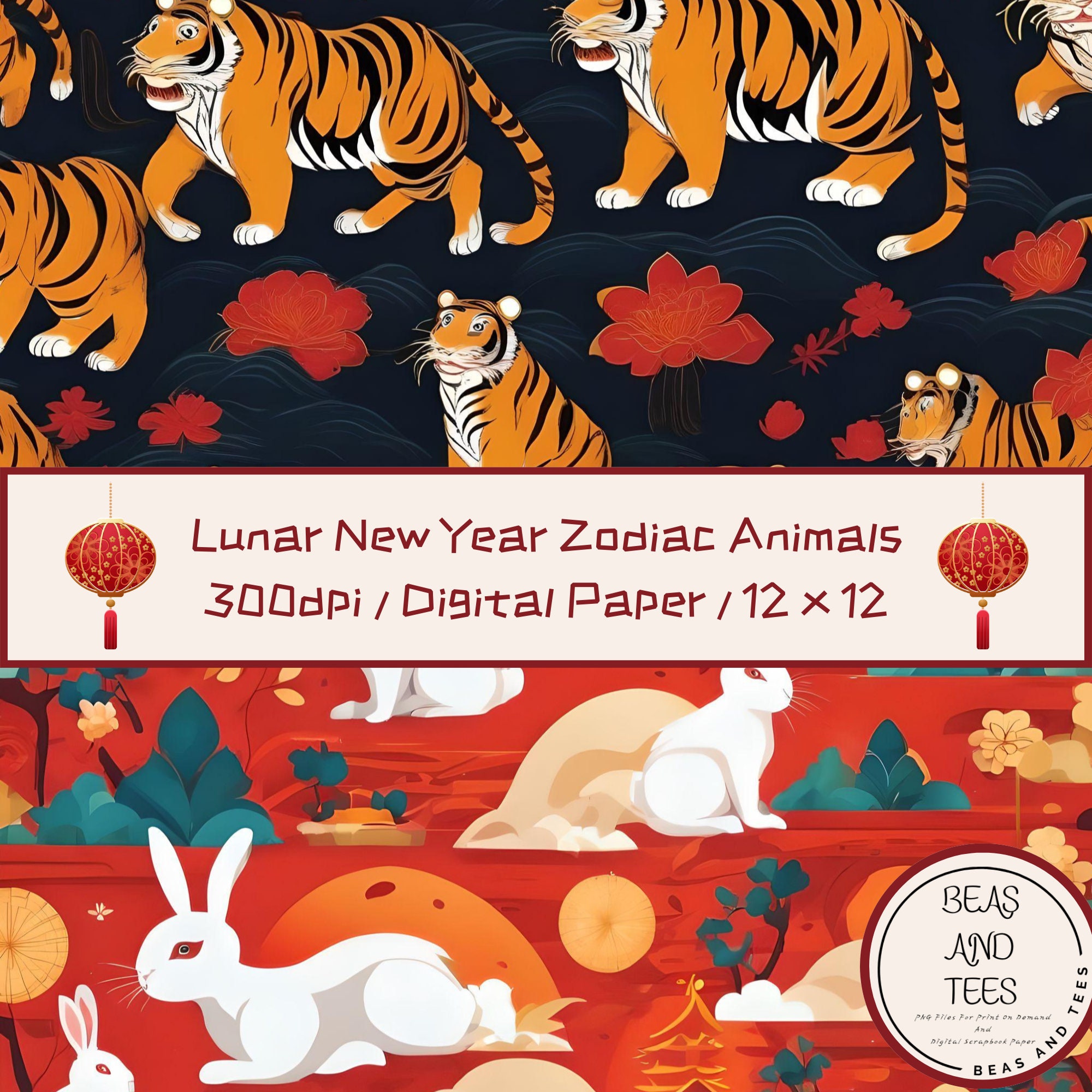 Lunar New Year Zodiac Animals Digital Paper Pack 12x12 300 DPI Chinese ...