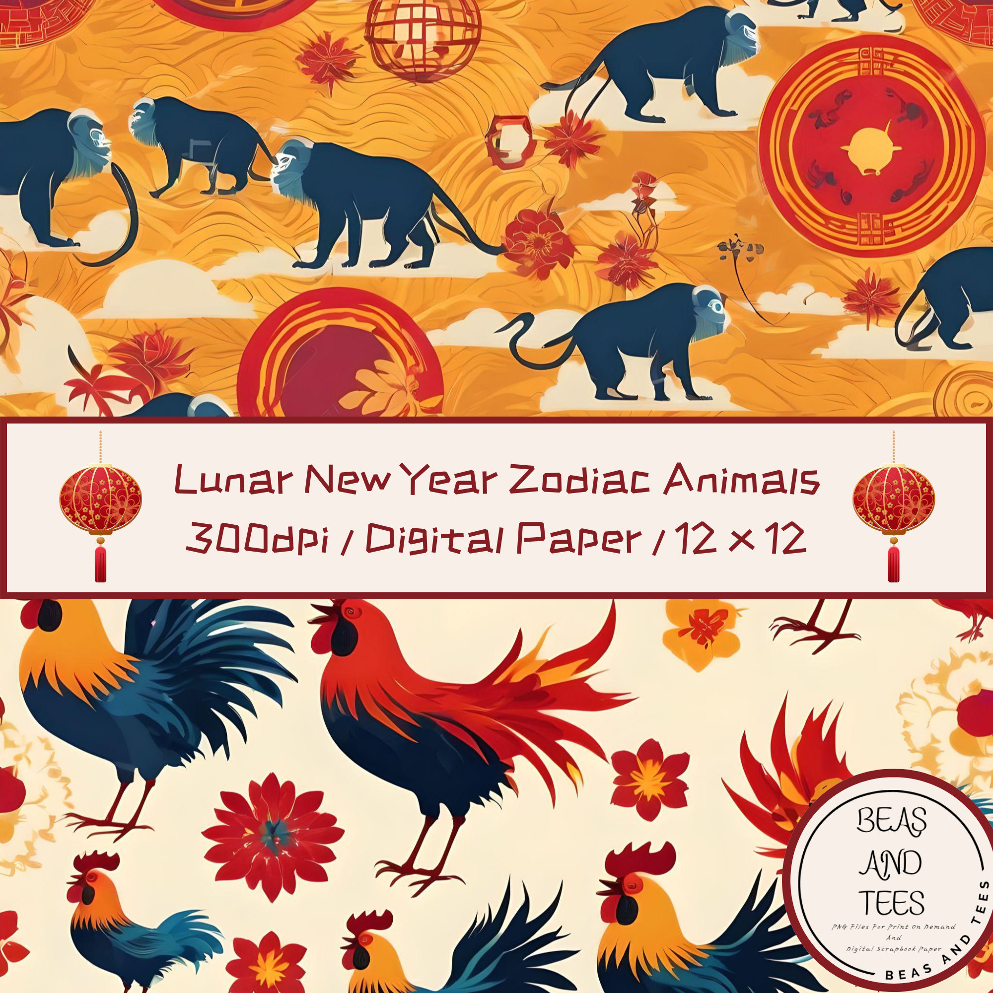Lunar New Year Zodiac Animals Digital Paper Pack 12x12 300 DPI Chinese ...