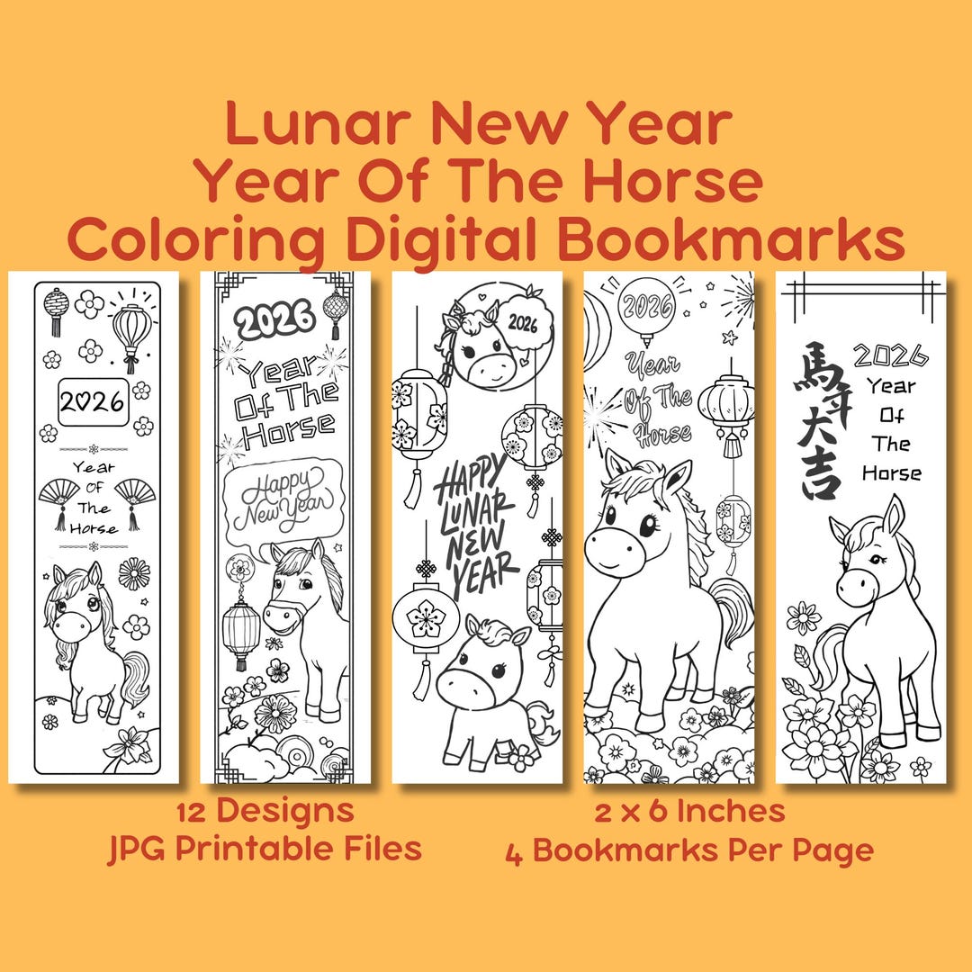Lunar New Year 2026 Year of the Horse Coloring Bookmarks Chinese Zodiac ...