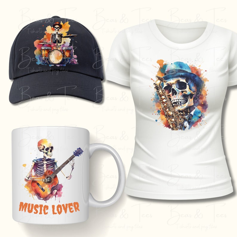 Skeleton Band Clipart Printable Watercolor Music Themed Halloween PNG ...