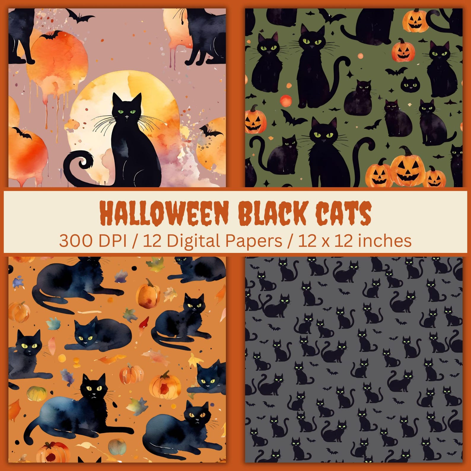 Halloween Black Cat Digital Paper Pack 12 Printable 12x12 Inch Paper ...
