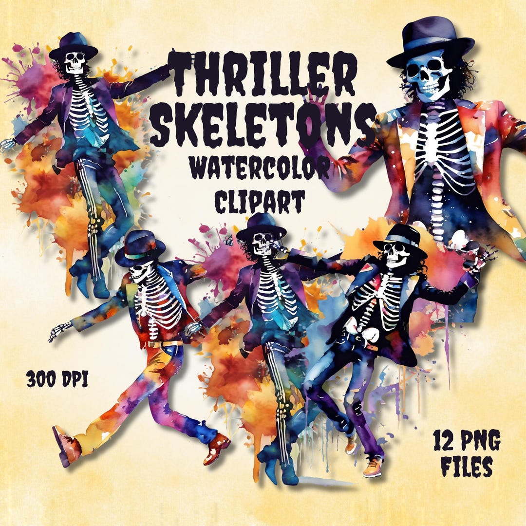 Skeleton Dance Thriller Clipart Bundle Printable Watercolor Halloween ...