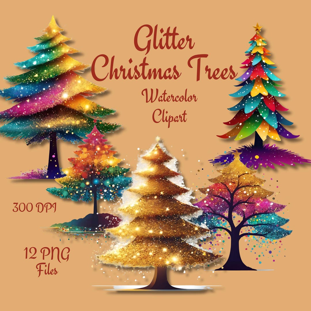 Glitter Christmas Tree Clipart Printable Watercolor Christmas Tree PNG ...
