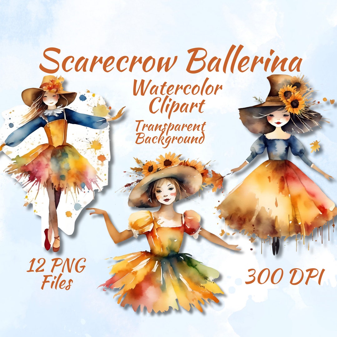 Scarecrow Ballerina Watercolor Clipart 12 PNG Fall Illustrations ...