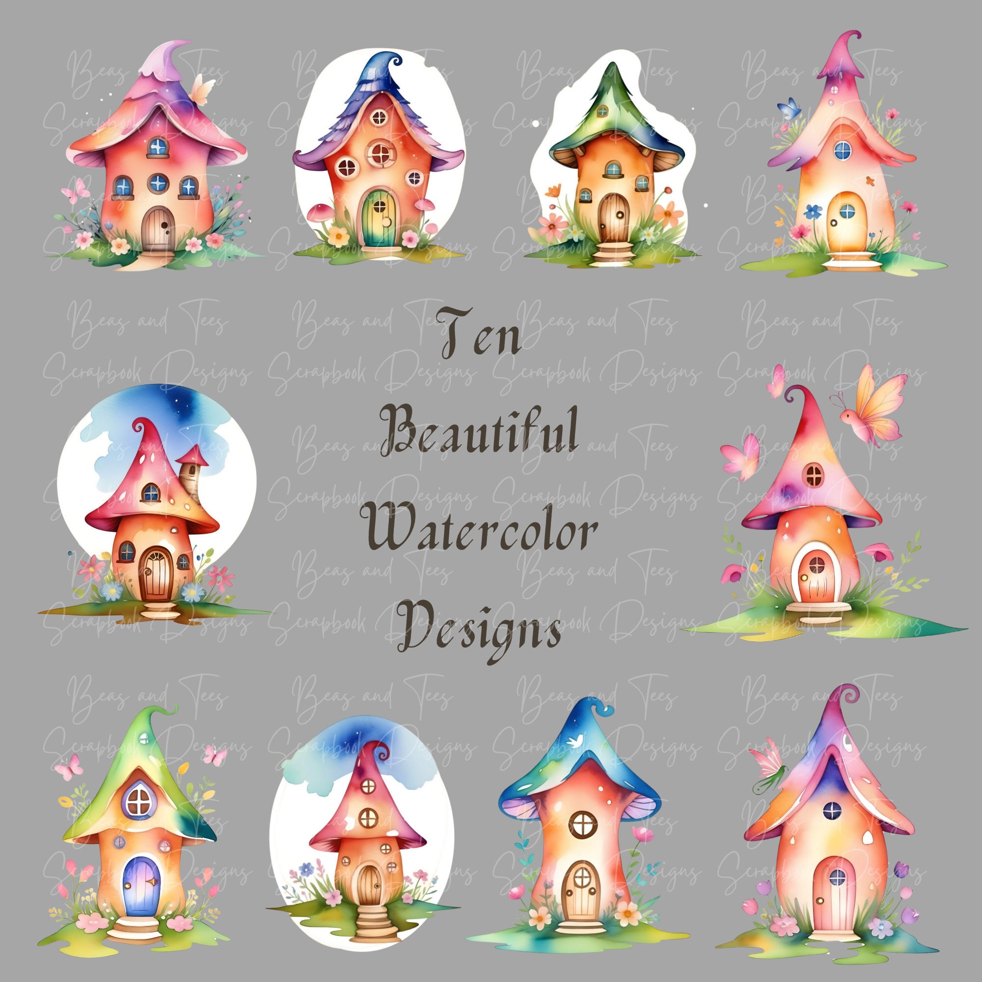 Spring Fairy House Clipart Bundle, Printable Watercolor Pixie Cottage ...