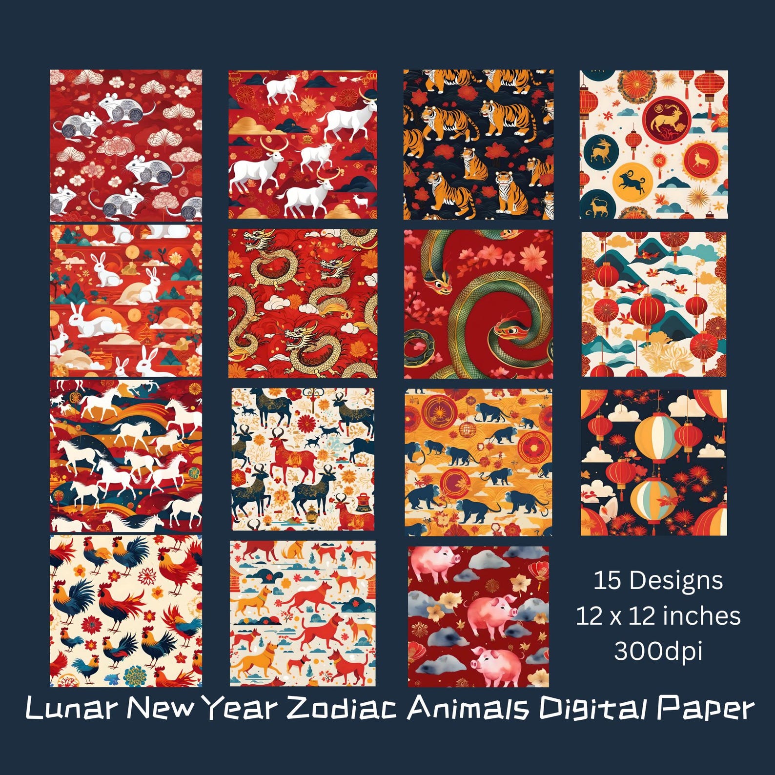 Lunar New Year Zodiac Animals Digital Paper Pack 12x12 300 DPI Chinese ...