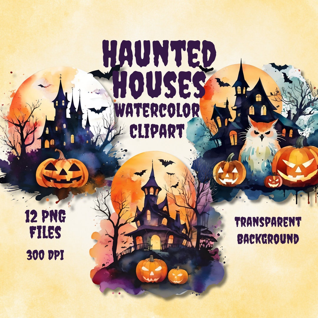 Haunted House Clipart Bundle Printable Watercolor Spooky Halloween Jack ...