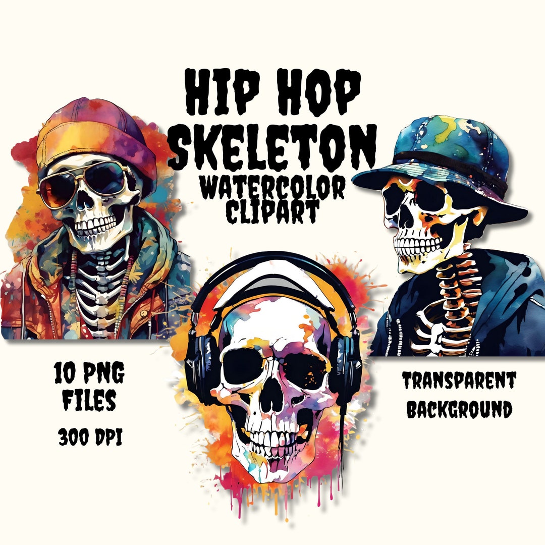 Hip Hop Skeleton Clipart Bundle Printable Watercolor Halloween Hip ...