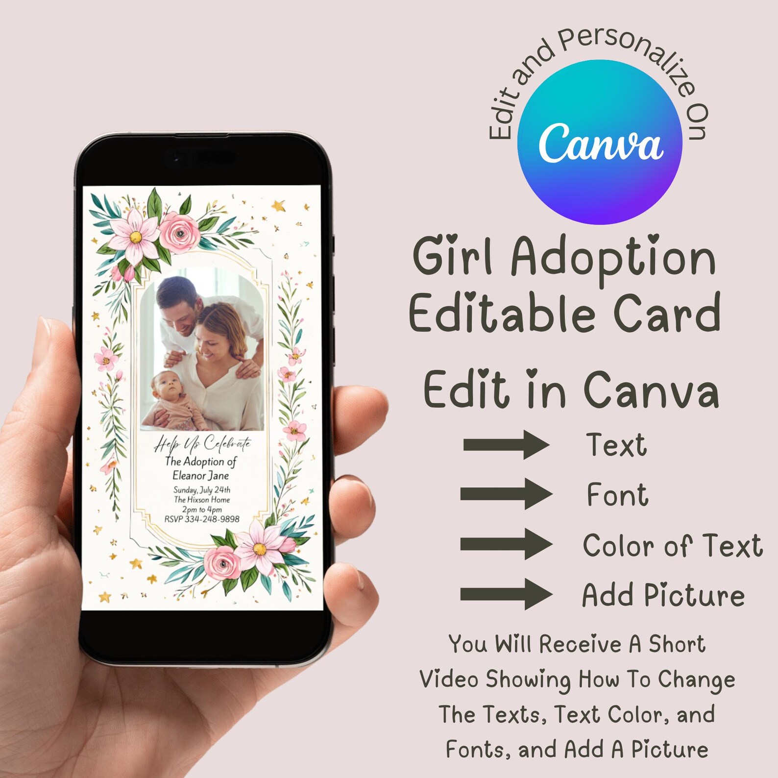 Editable Girl Adoption Announcement Card Customizable Canva Template ...