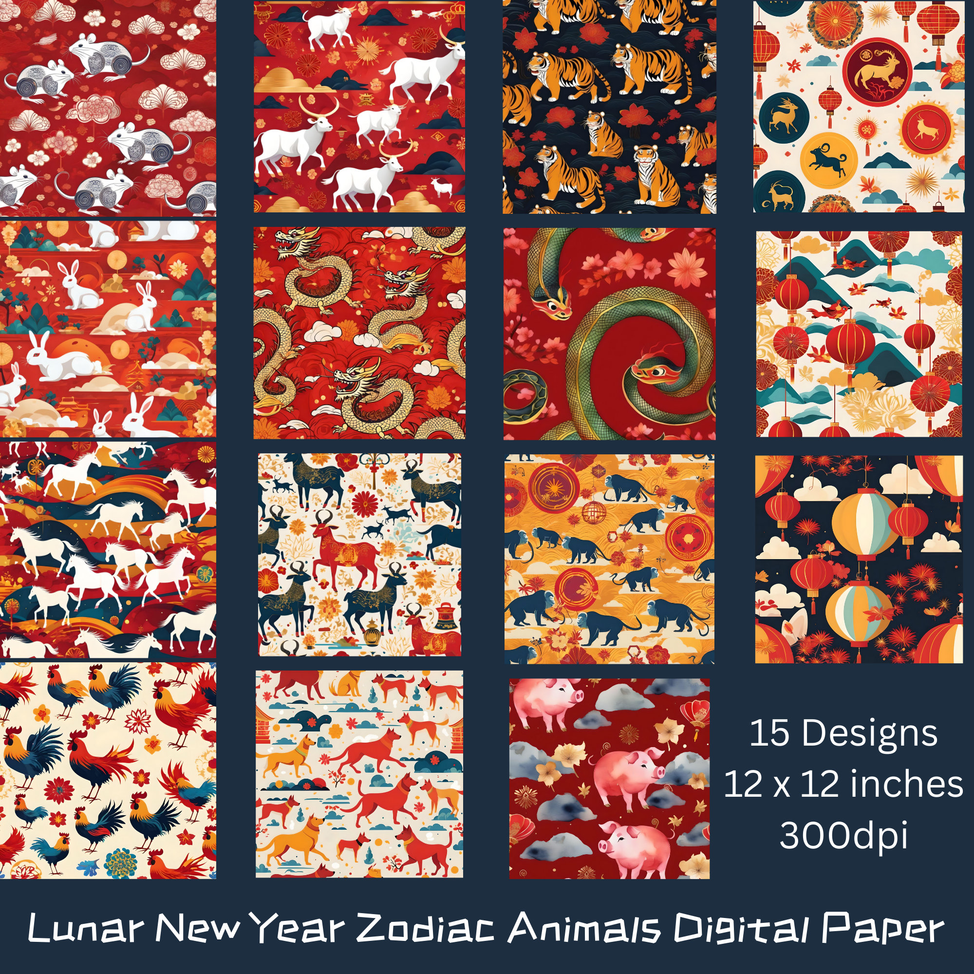 Lunar New Year Zodiac Animals Digital Paper Pack, Chinese Lantern ...